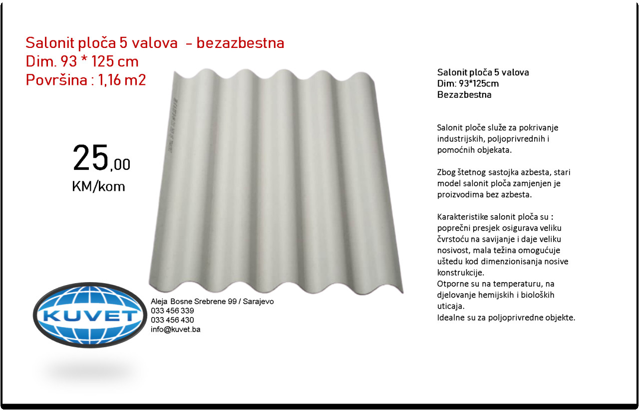 Salonit ploča 93*125 cm ( 1,16 m2), 5 valova - Crijep - OLX.ba