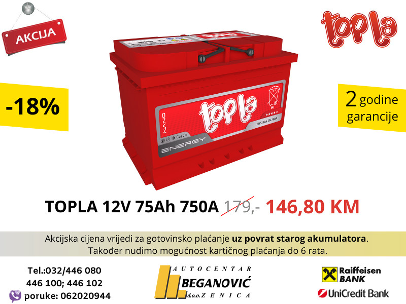 AKUMULATOR TOPLA 12V 75Ah 750A **AKCIJA** - Akumulatori za automobile ...