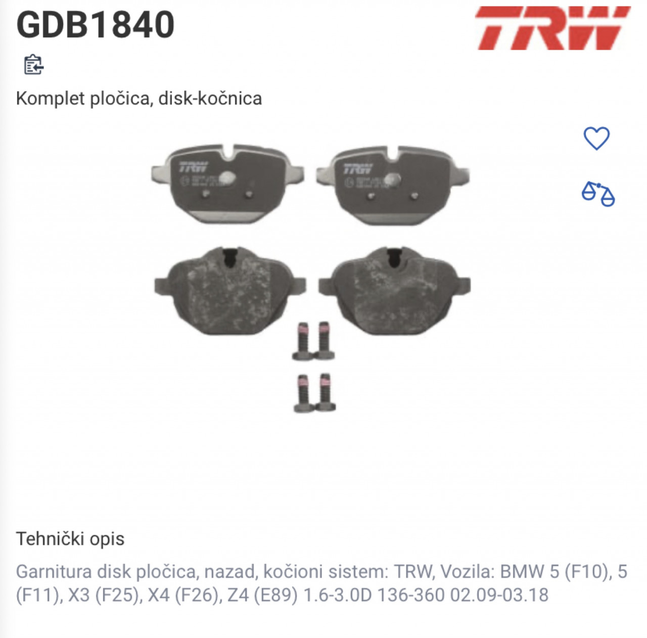 Disk plocice zadnje Trw bmw x3 f25 x4 f26 - Diskovi i pločice za ...