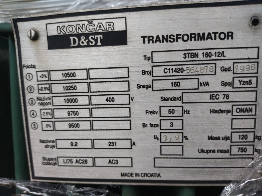 Trafo stanica končar 160 kva sa opremom - Ispravljači/Pretvarači - OLX.ba