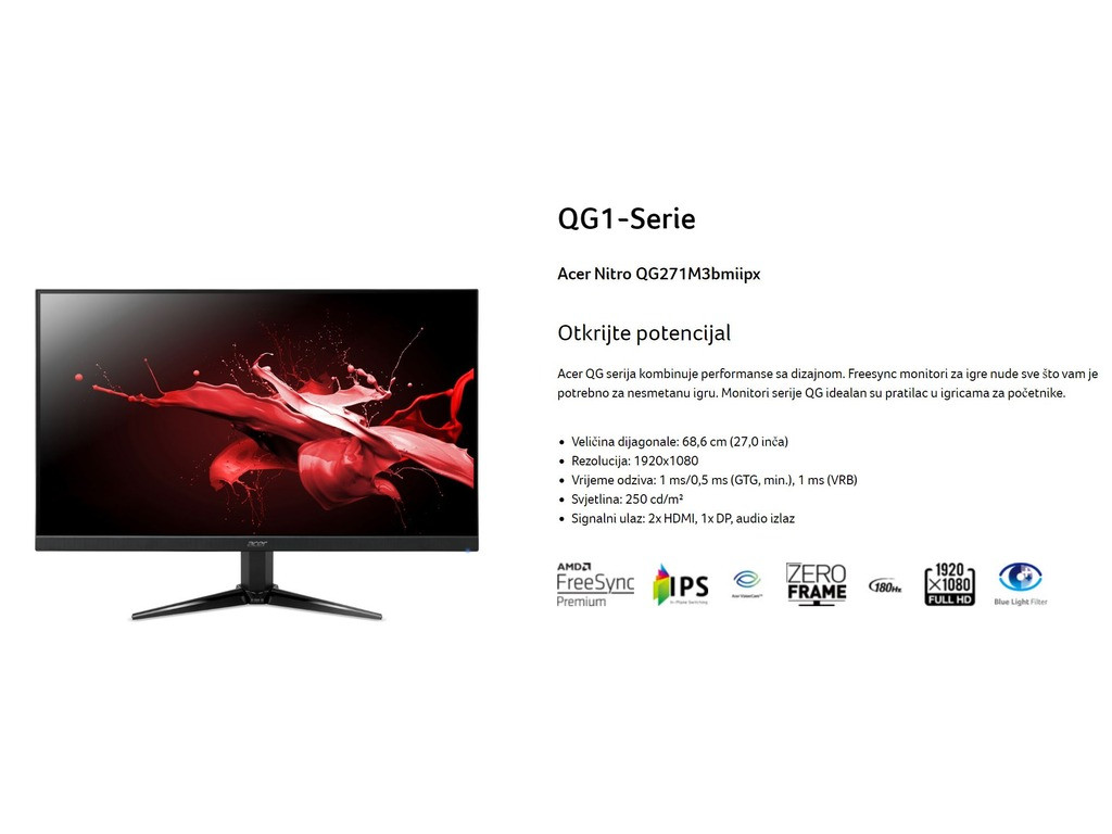Acer 27" Nitro QG1 FHD 180Hz FHD IPS Black Friday - Monitori - OLX.ba