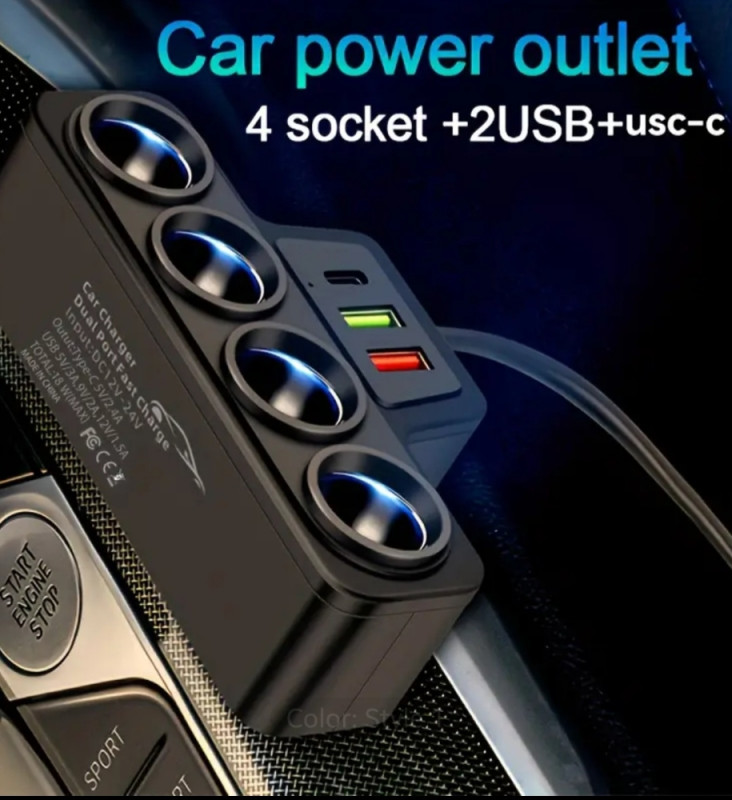 Auto razdjelnik, USB punjačem, 4 +2 x USB + USB-C - Punjači za mobitele ...