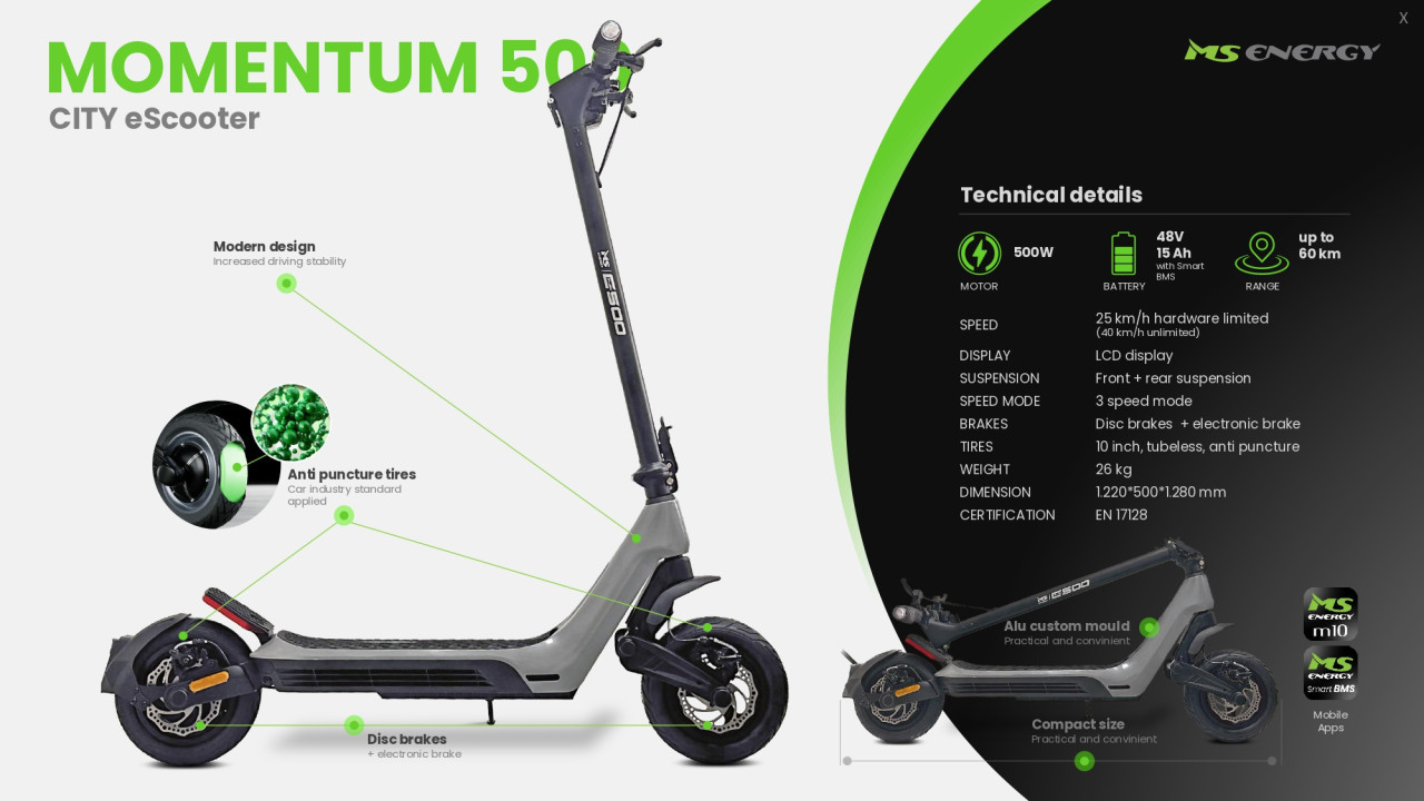 MS Energy MENTOR 500W domet 60km scooter nosivost 120kg - Električni ...